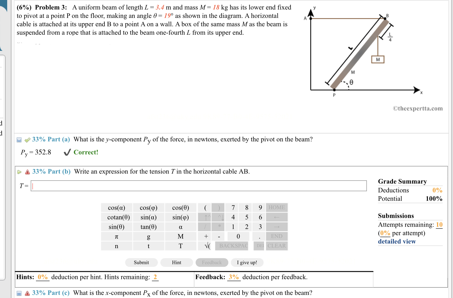 Solved (6%) ﻿Problem 3: A uniform beam of length L=3.4m ﻿and | Chegg.com