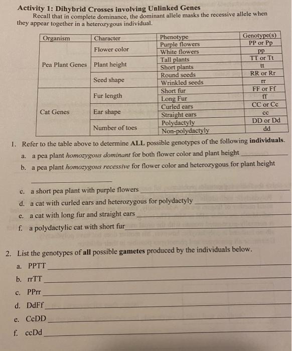 Solved Activity 1: Dihybrid Crosses involving Unlinked Genes | Chegg.com