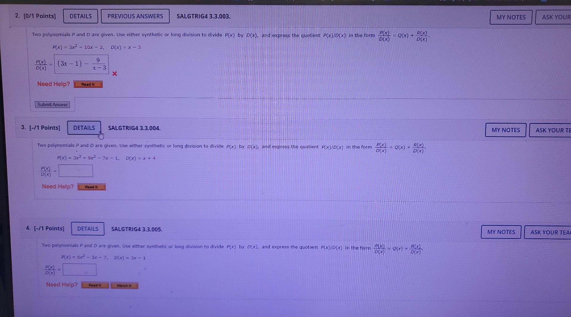 Solved [0/1 Points] SALGTRIG4 3.3.003. Two polynomials P and | Chegg.com