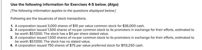 Solved Use the following information for Exercises 4-5 | Chegg.com