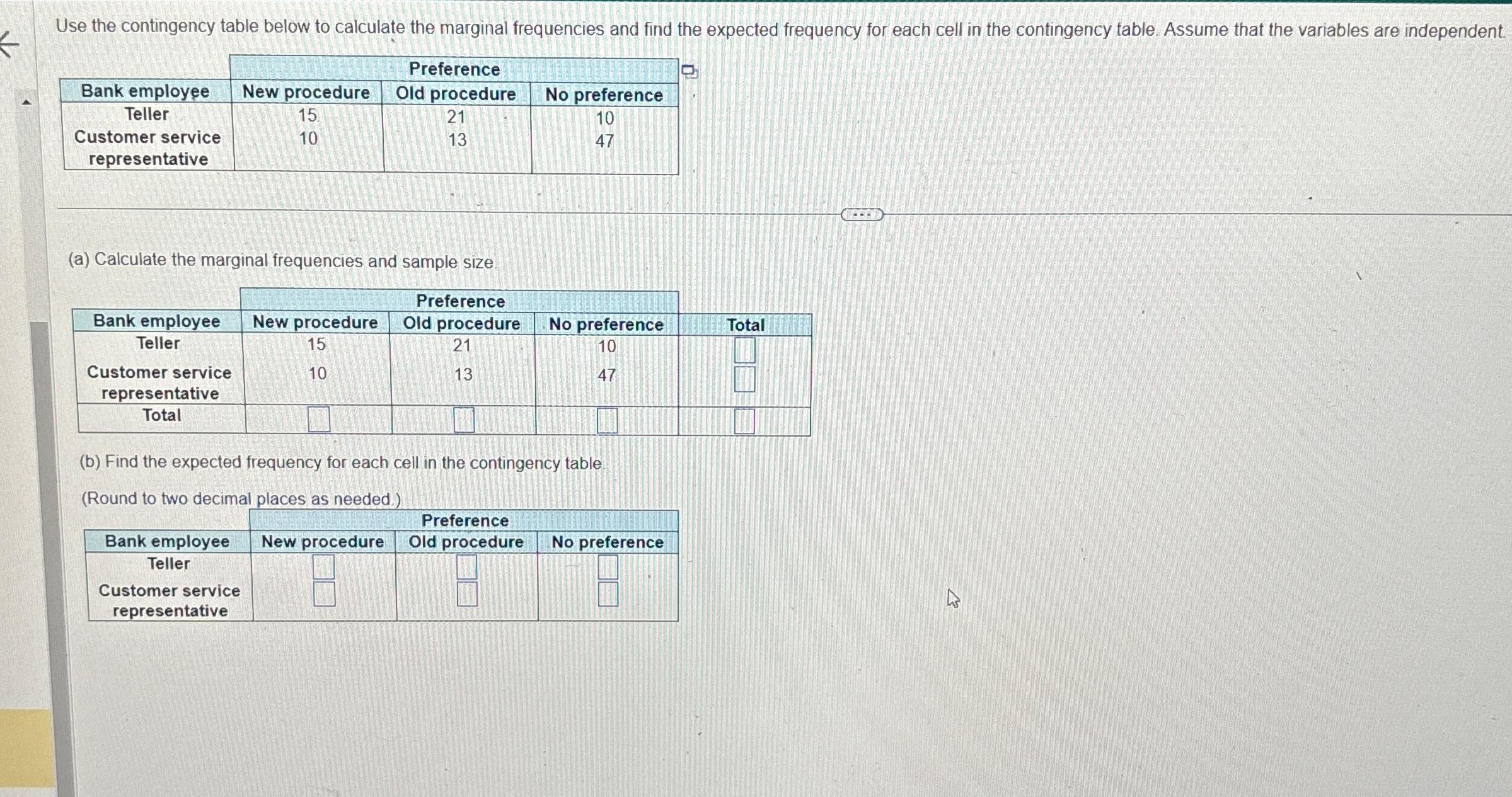 Solved Use the contingency table below to calculate the | Chegg.com