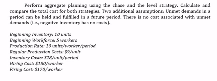 Solved Perform aggregate planning using the chase and the | Chegg.com