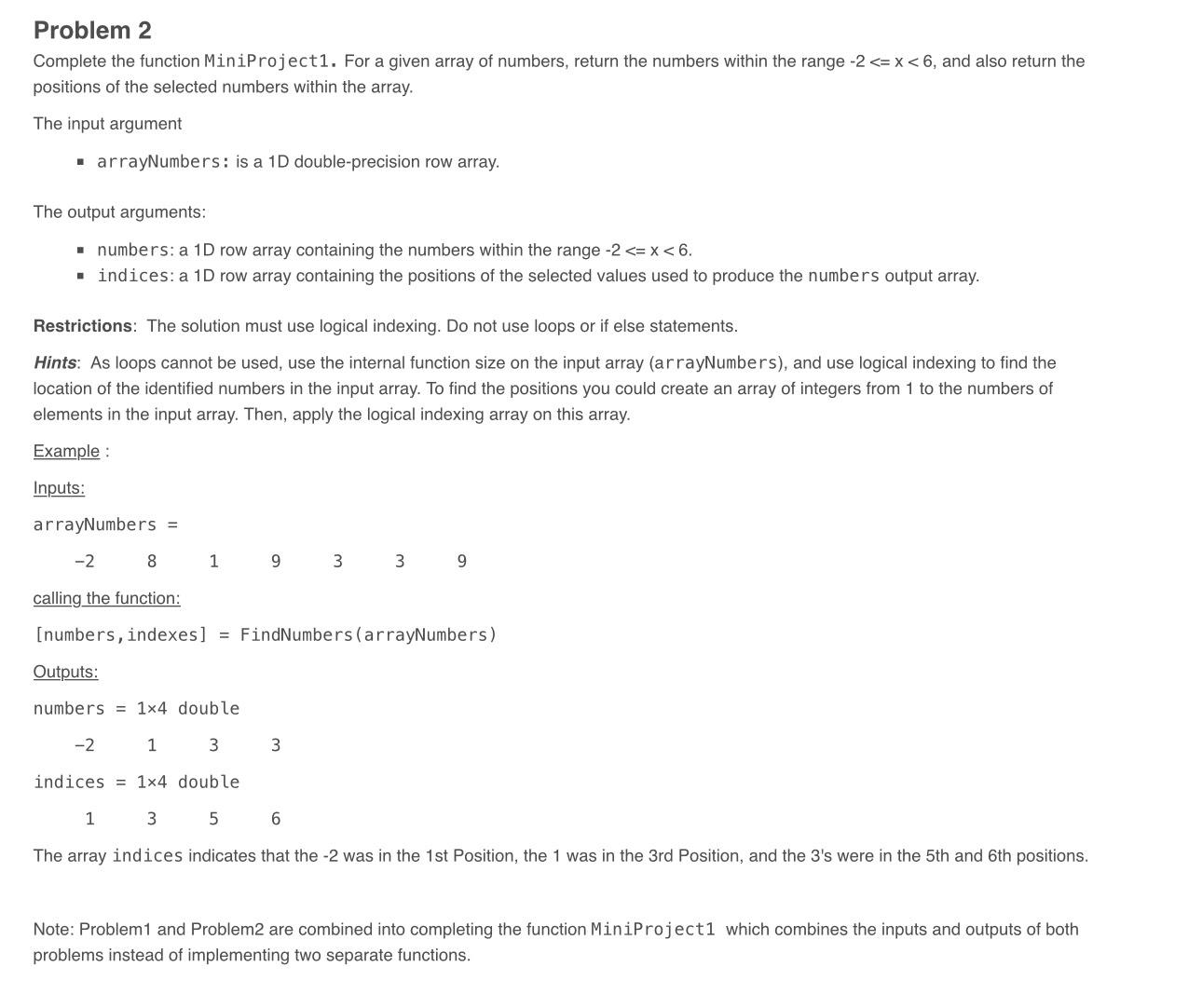 Solved Problem 2Complete the function MiniProject1. ﻿For a | Chegg.com