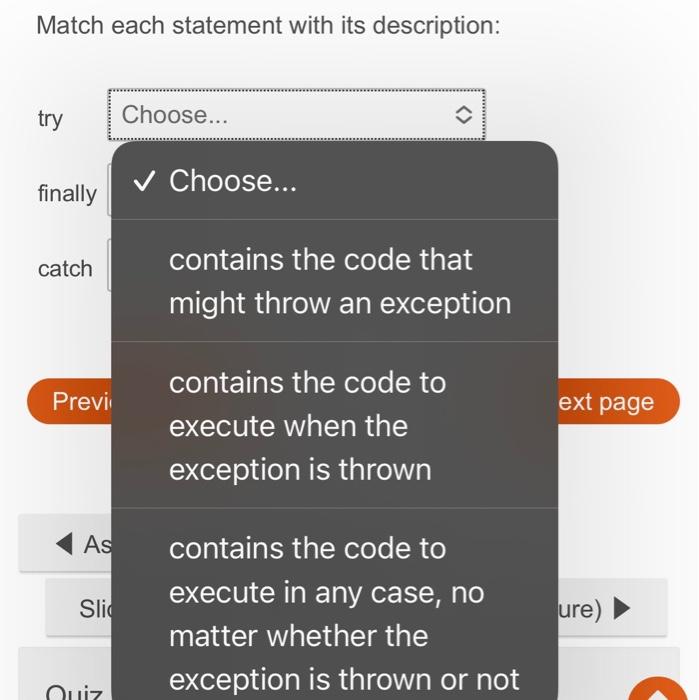 Solved Match each statement with its description: try | Chegg.com