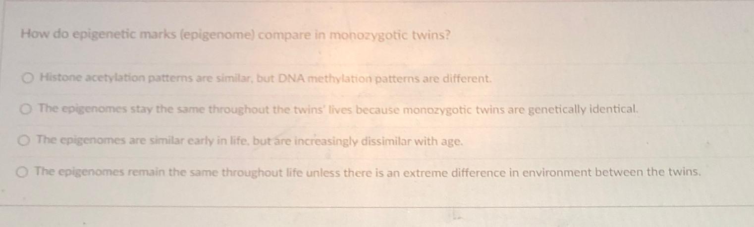 Solved How do epigenetic marks (epigenome) ﻿compare in | Chegg.com