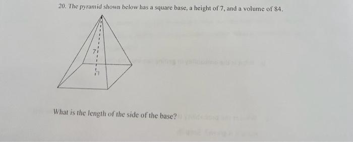 Solved 20. The pyramid shown below has a square base, a | Chegg.com