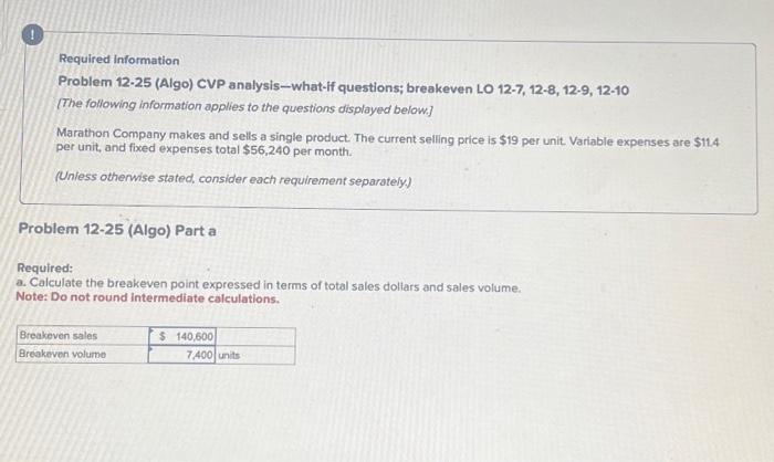 Solved Required information Problem 12-25 (Algo) CVP | Chegg.com