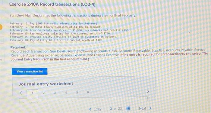 Solved Exercise 2-10A Record transactions (LO2-4) Sun Devil | Chegg.com