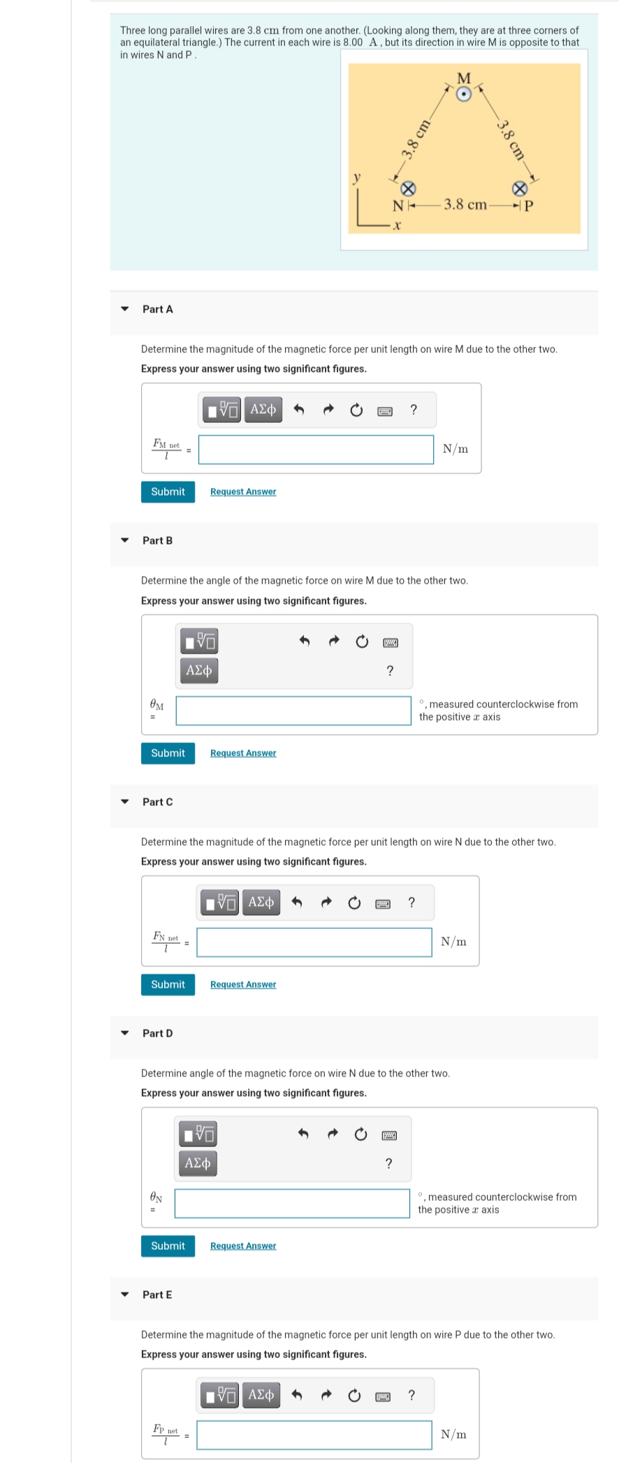 Solved Three long parallel wires are 3.8cm ﻿from one | Chegg.com