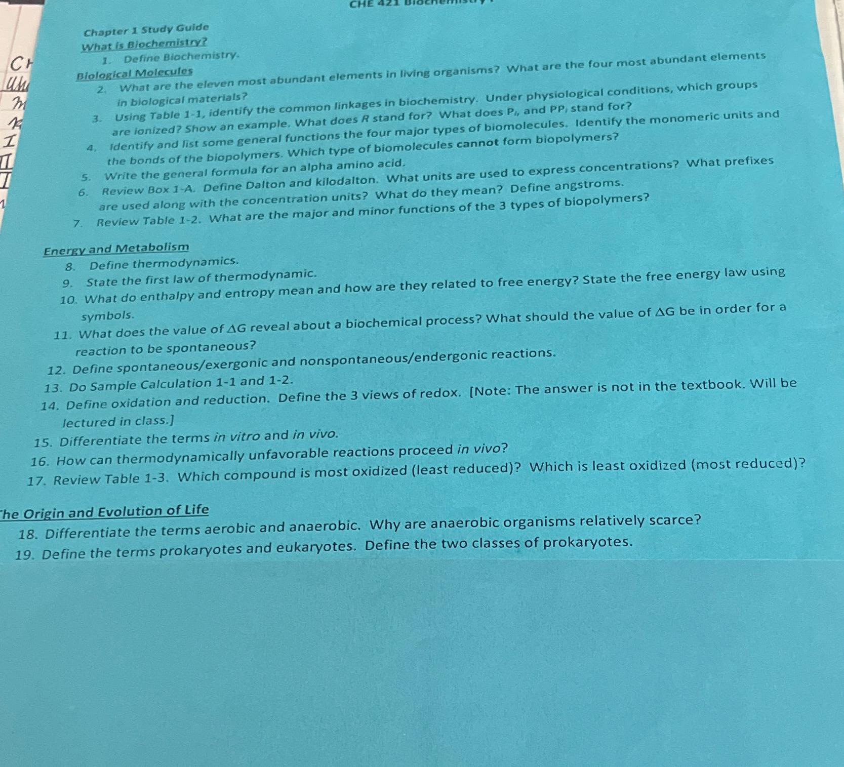 Solved Chapter 1 ﻿Study GuideWhat is Biochemistry?Define | Chegg.com