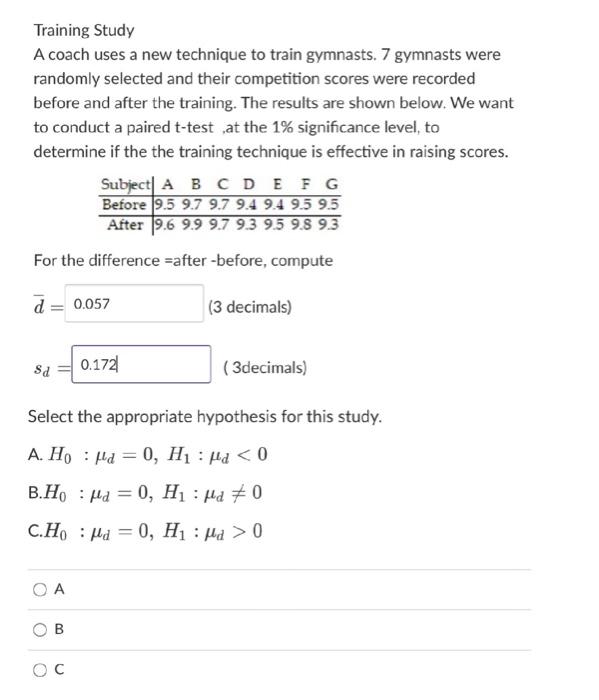 Solved Training Study A coach uses a new technique to train | Chegg.com
