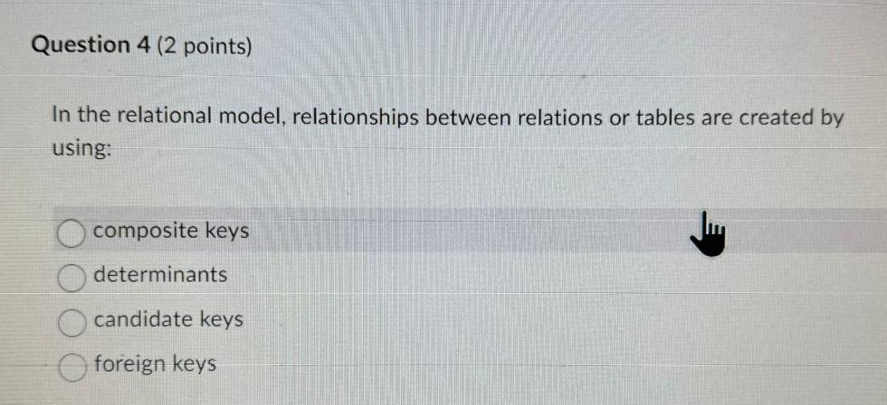 Solved Question 4 (2 ﻿points)In the relational model, | Chegg.com