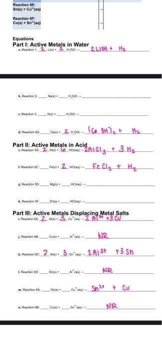 Equations Part I: Active Metals in Water h. Retaction | Chegg.com