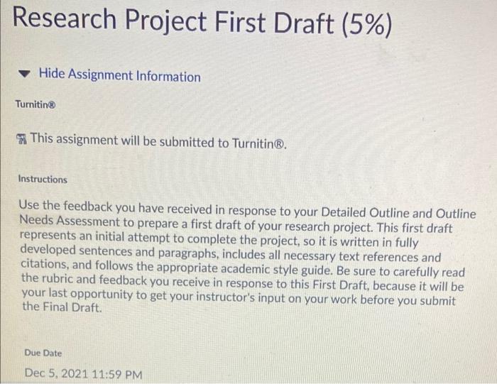 Solved Research Project First Draft (5%) Hide Assignment | Chegg.com