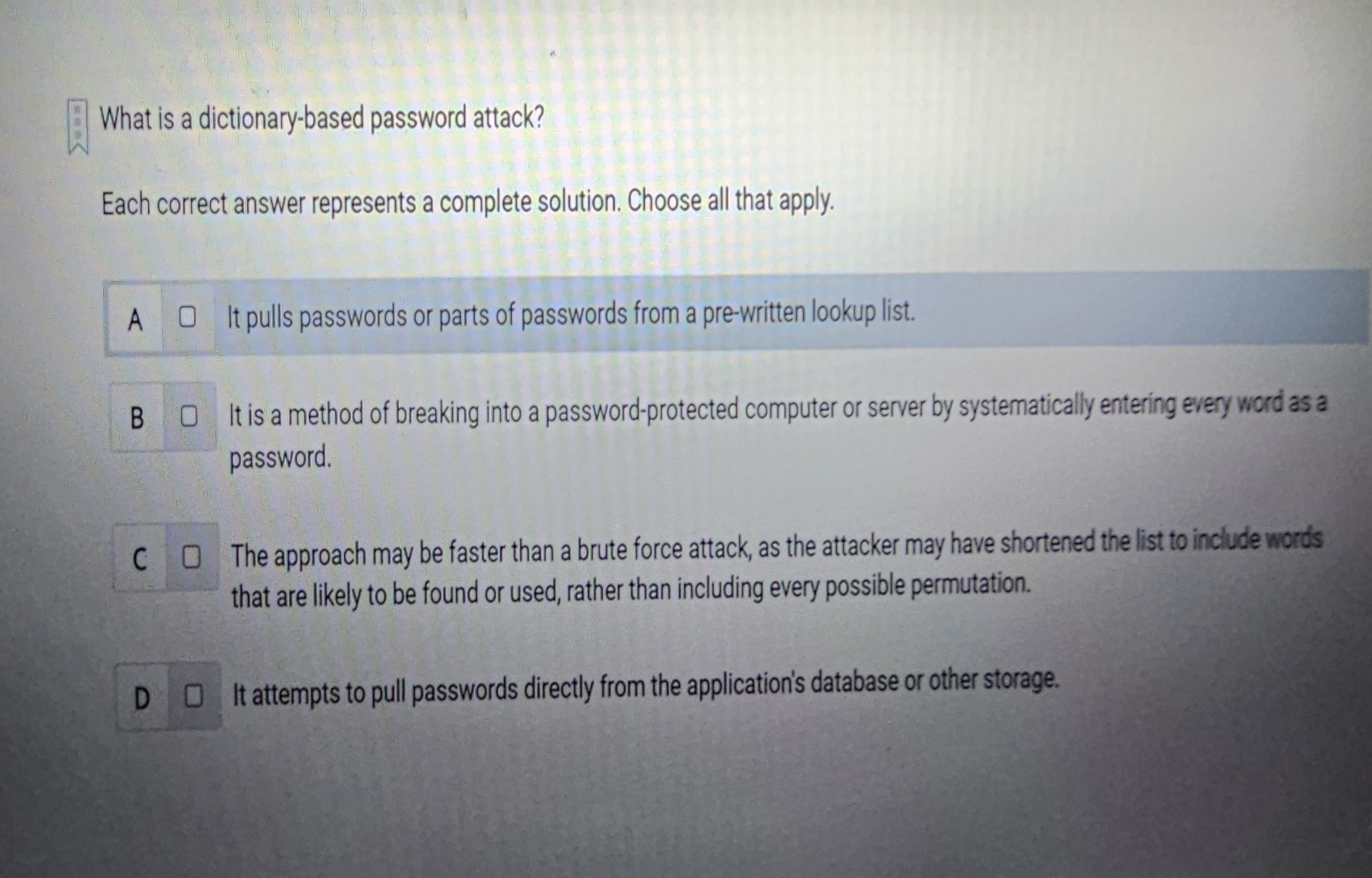 Solved What is a dictionary-based password attack?Each | Chegg.com