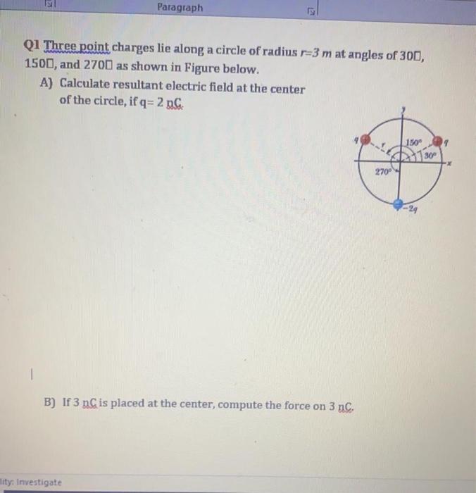 Solved Paragraph 2 Q1 Three point charges lie along a circle | Chegg.com