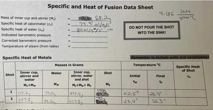 Heat of FusionSpecific and Heat of Fusion Data Sheet | Chegg.com
