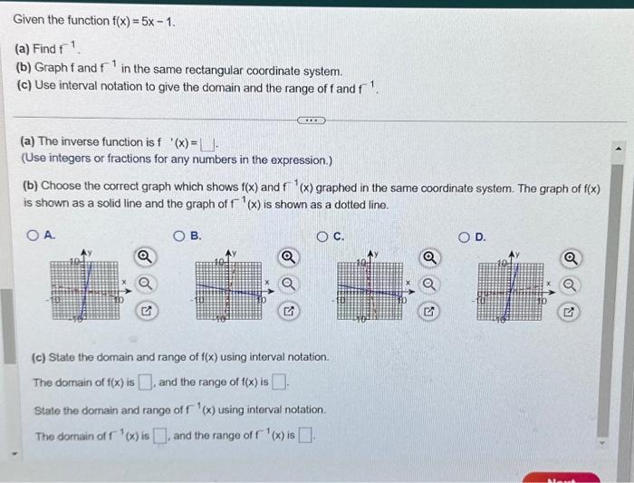 Solved Given the function f(x)=5x−1 (a) Find f−1 (b) Graph f | Chegg.com