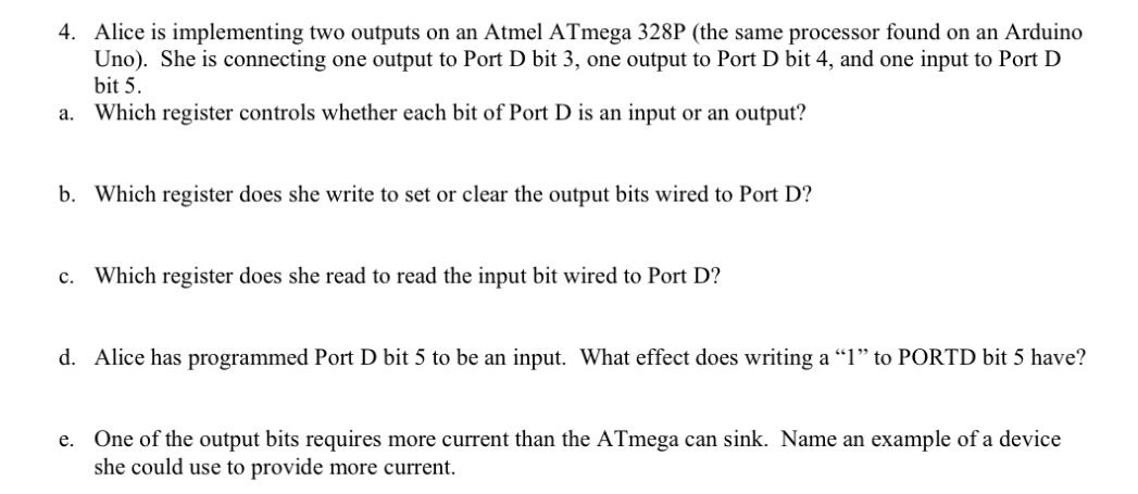 Solved Alice is implementing two outputs on an Atmel ATmega | Chegg.com