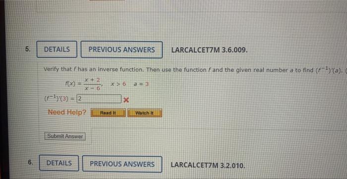 Solved LARCALCET7M 3.6.009. Verify that f has an inverse | Chegg.com