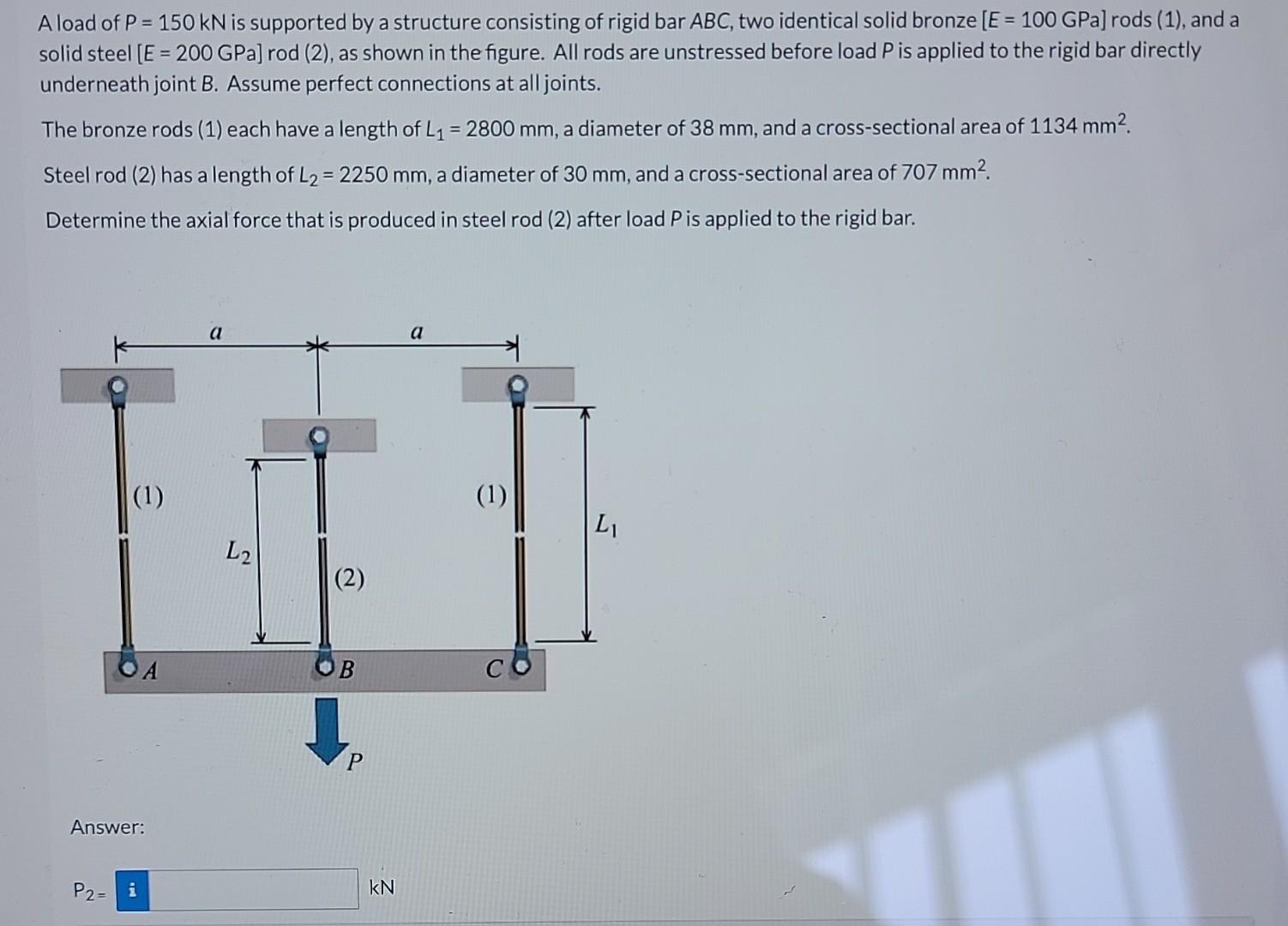 Solved A load of P = 150 kN is supported by a structure | Chegg.com