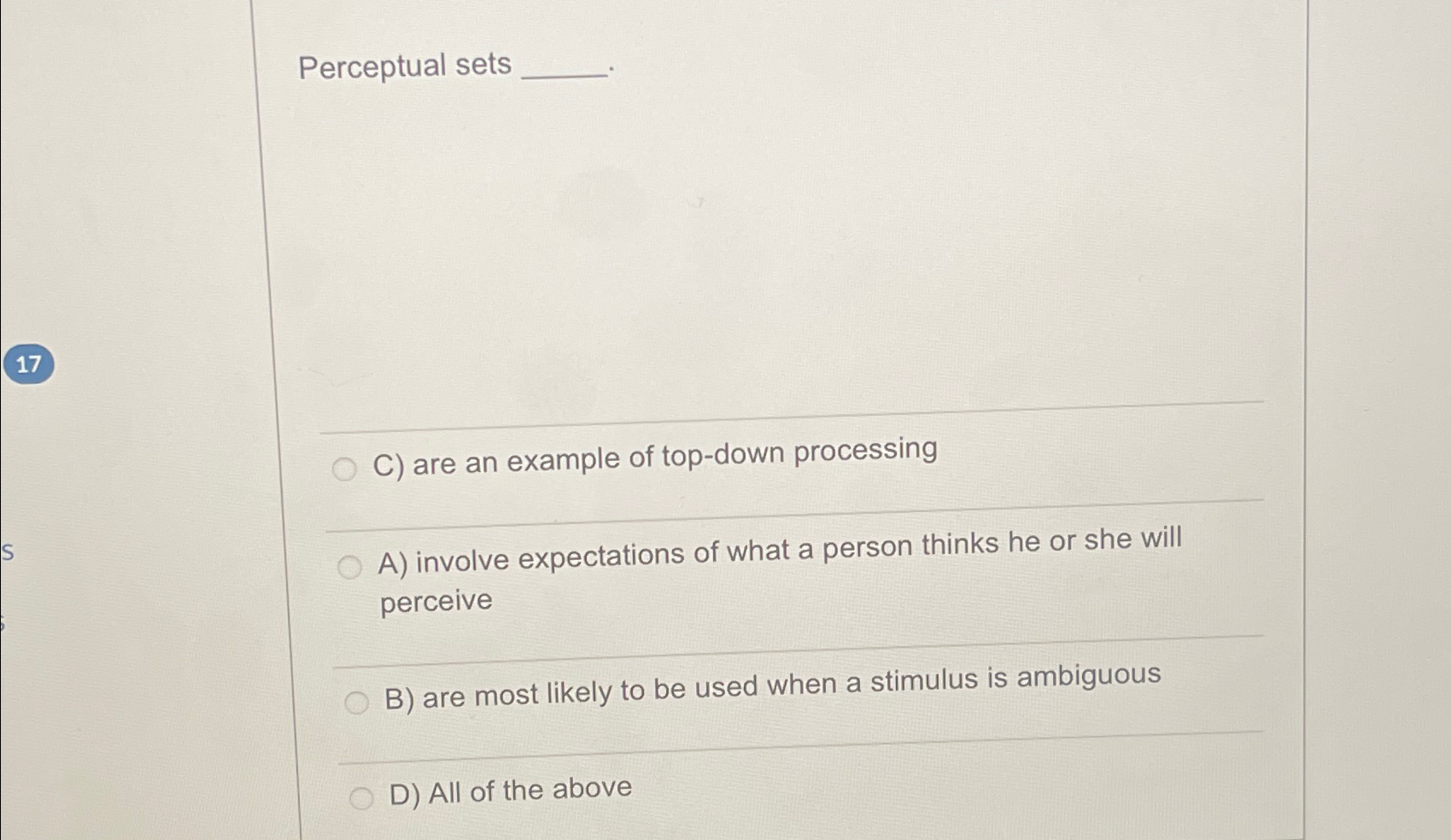 Solved Perceptual setsC) ﻿are an example of top-down | Chegg.com