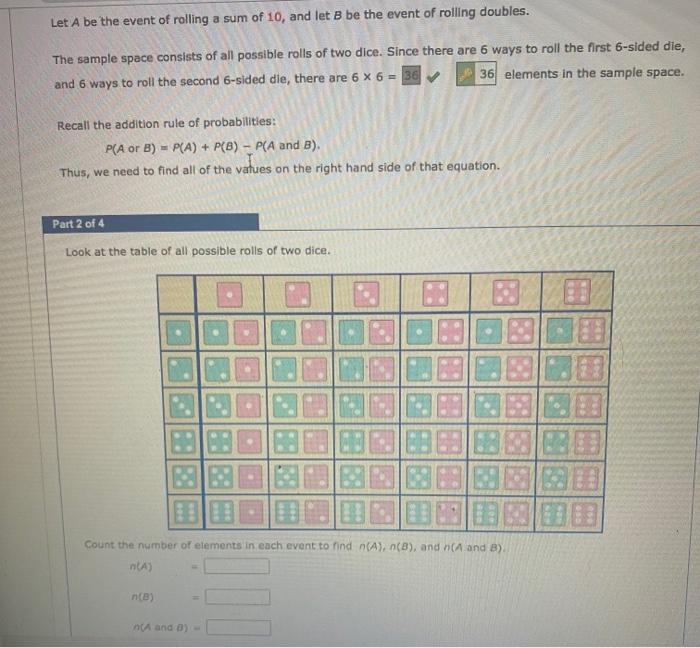 Solved Let A be the event of rolling a sum of 10, and let B | Chegg.com