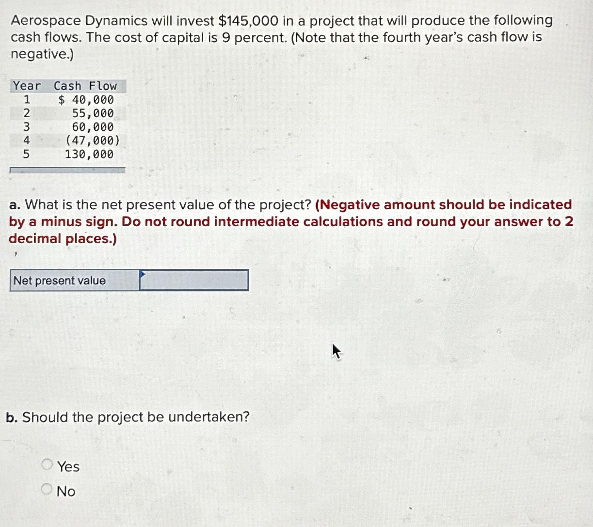 Solved Aerospace Dynamics will invest $145,000 ﻿in a project | Chegg.com