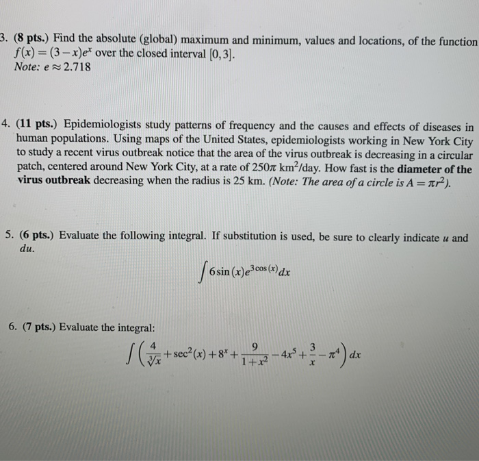 Solved 3. (8 pts.) Find the absolute (global) maximum and | Chegg.com
