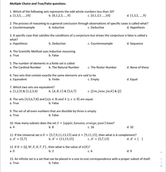 Solved Multiple Choice and True/False questions. 1. Which of | Chegg.com