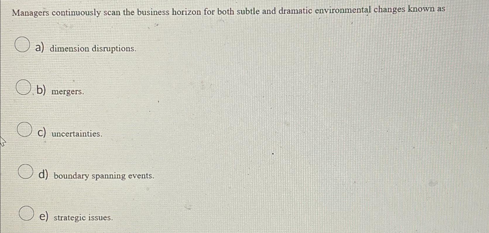 Solved Managers continuously scan the business horizon for | Chegg.com