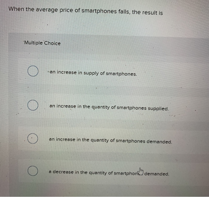 Solved When the average price of smartphones falls, the | Chegg.com