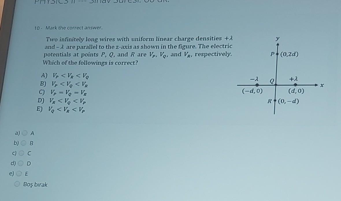 Solved 10. Mark the correct answer. Two infinitely long | Chegg.com