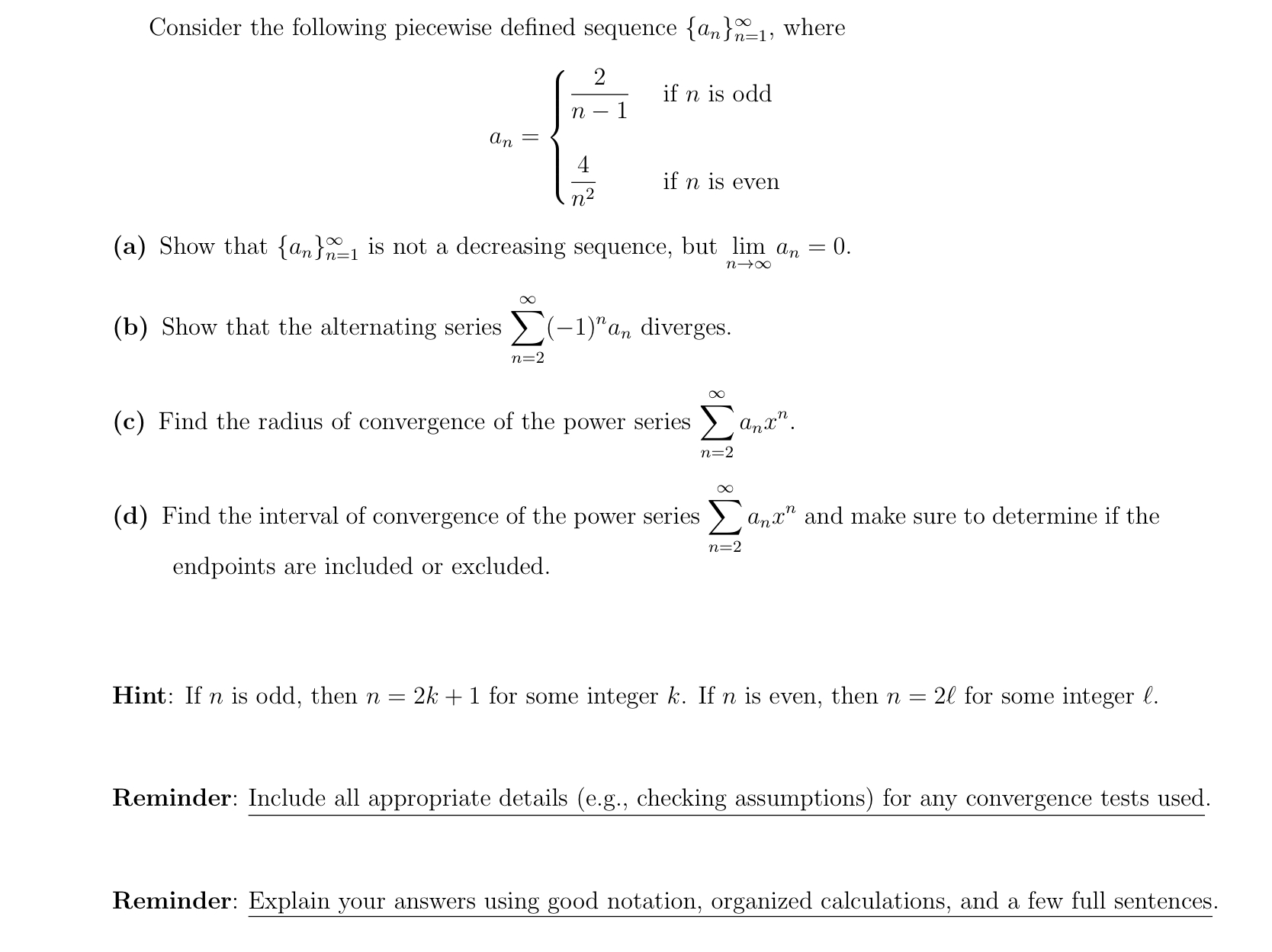 Solved Consider the following piecewise defined sequence | Chegg.com