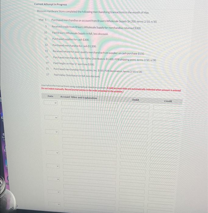 Solved Current Attempt in Progress Blossom Hardware Store | Chegg.com