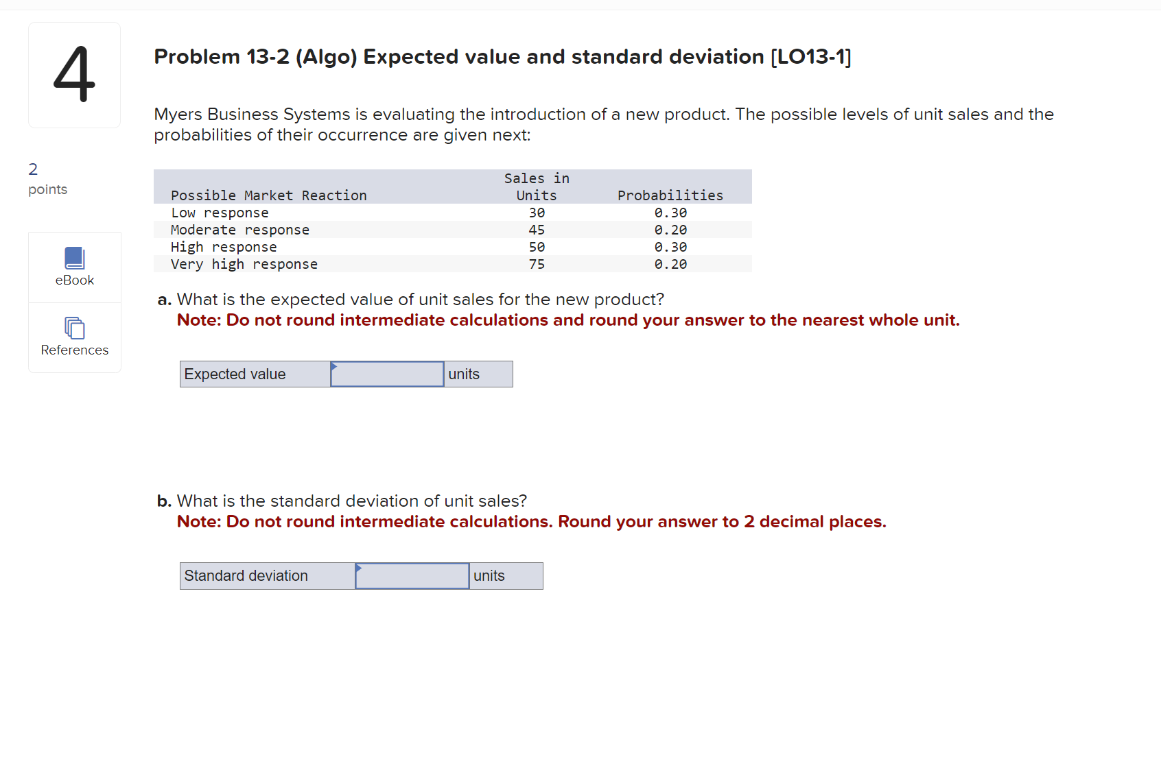 Problem 13-2 (Algo) ﻿Expected value and standard | Chegg.com
