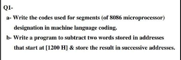Solved Q1- a-Write the codes used for segments (of 8086 | Chegg.com