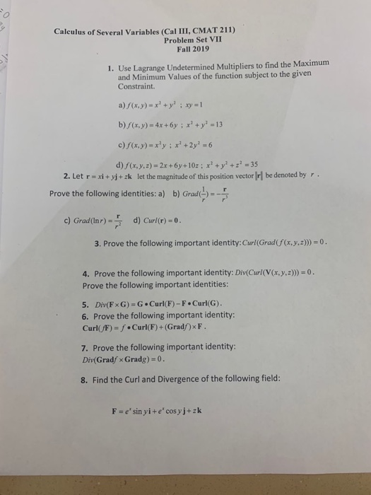 Solved Calculus III Problem Set VII (F2019) 1. Calculate the | Chegg.com