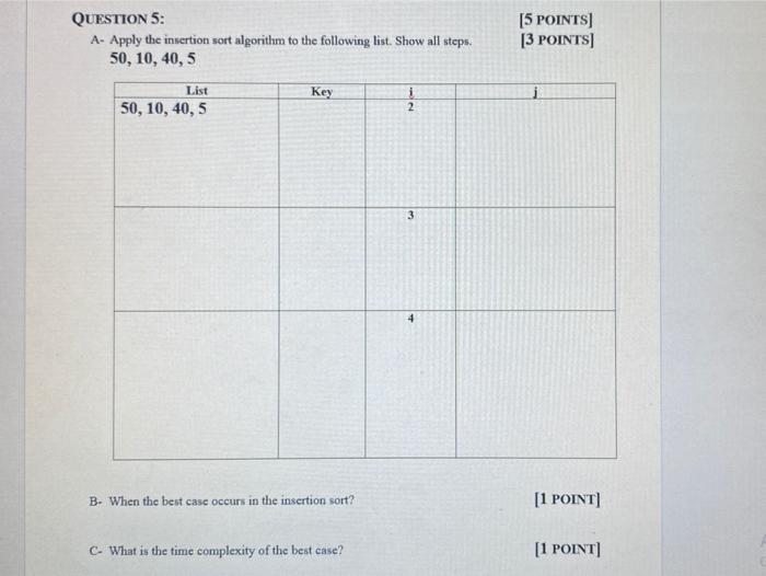 Solved QUESTION 5: A- Apply the insertion sort algorithm to | Chegg.com