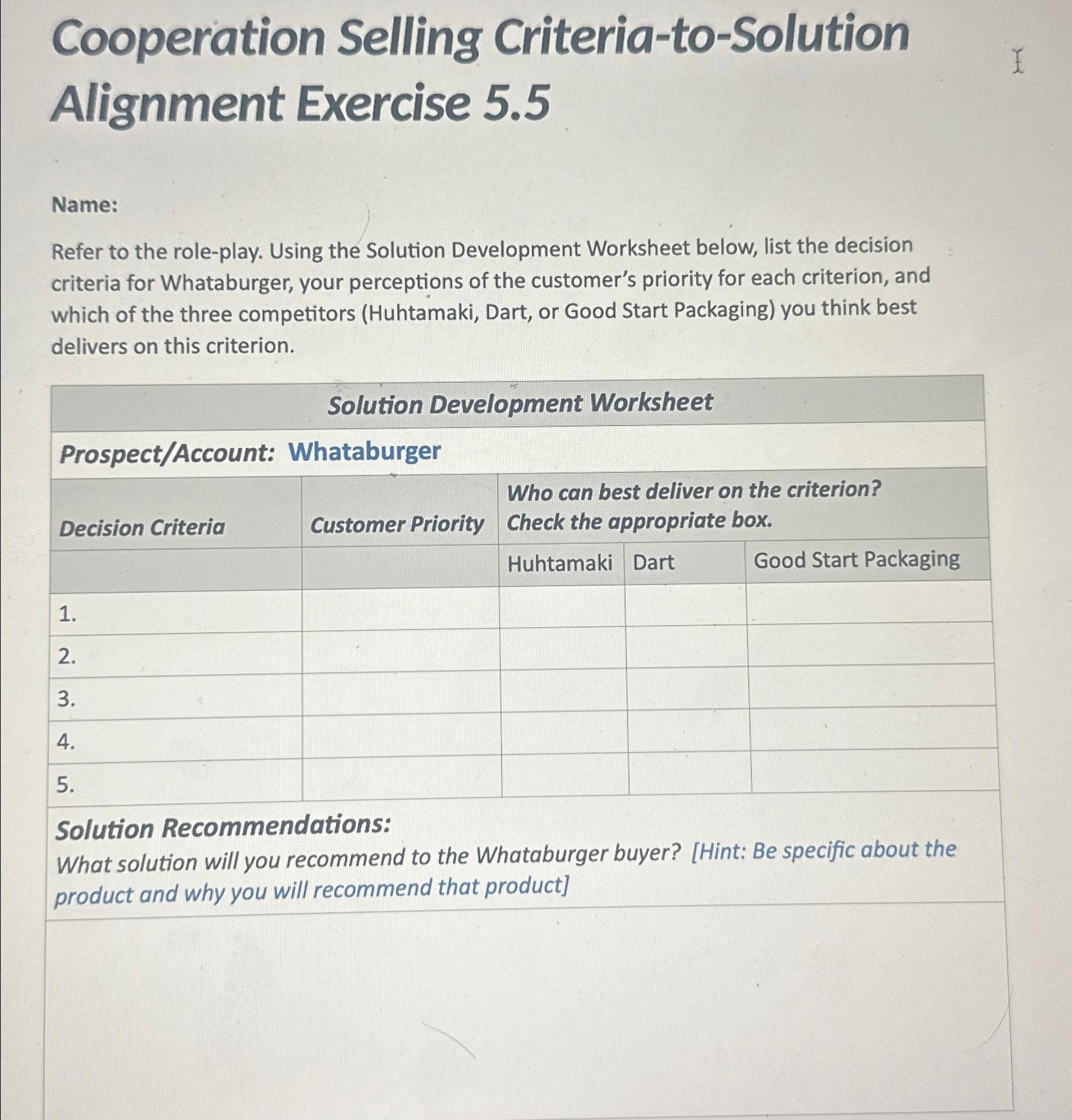 Solved Cooperation Selling Criteria-to-Solution Alignment | Chegg.com