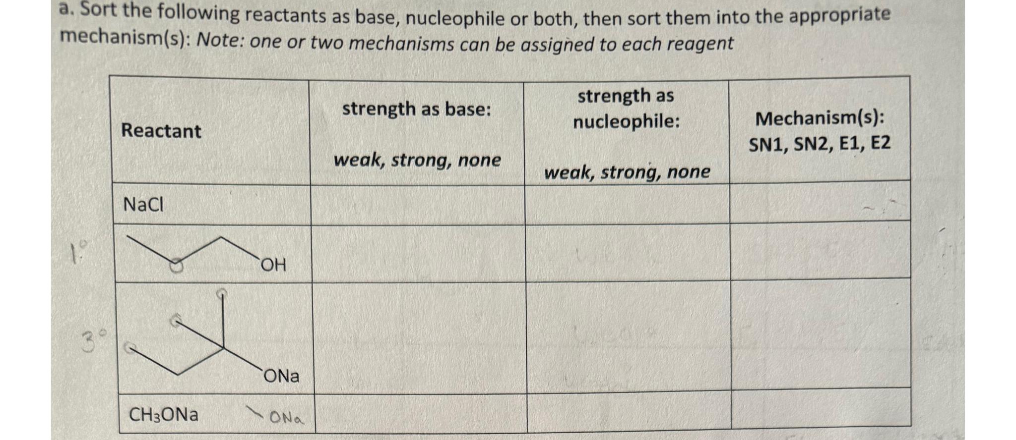 Solved a. ﻿Sort the following reactants as base, nucleophile | Chegg.com