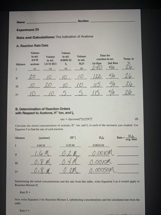 Solved Name Section Experiment 20 Data and Calculations: The | Chegg.com