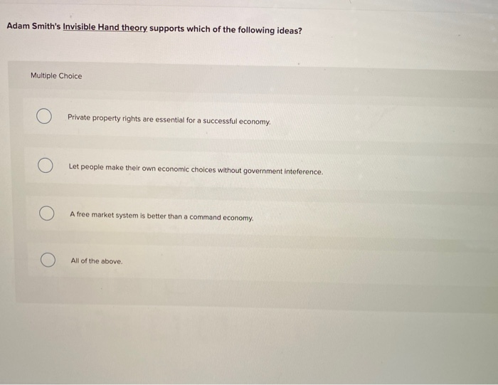 Solved Adam Smith's Invisible Hand theory, supports which of | Chegg.com