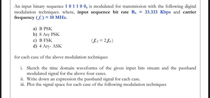 An Input Binary Sequence 1 0 1 1 0 0 Is Modulated 