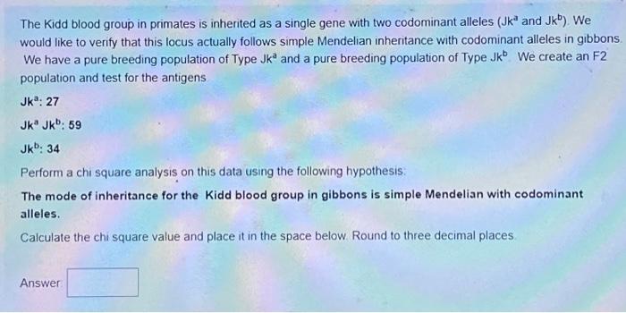Solved The Kidd blood group in primates is inherited as a | Chegg.com