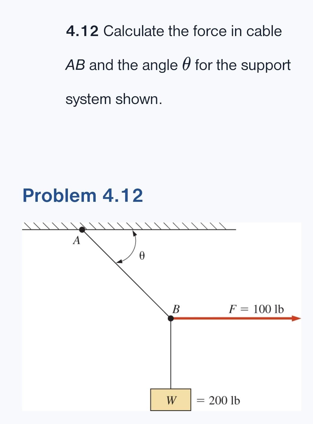 Solved 4.12 Calculate the force in cable AB and the angle θ | Chegg.com
