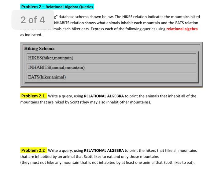 Solved Problem 2 - Relational Algebra Queries g" database | Chegg.com