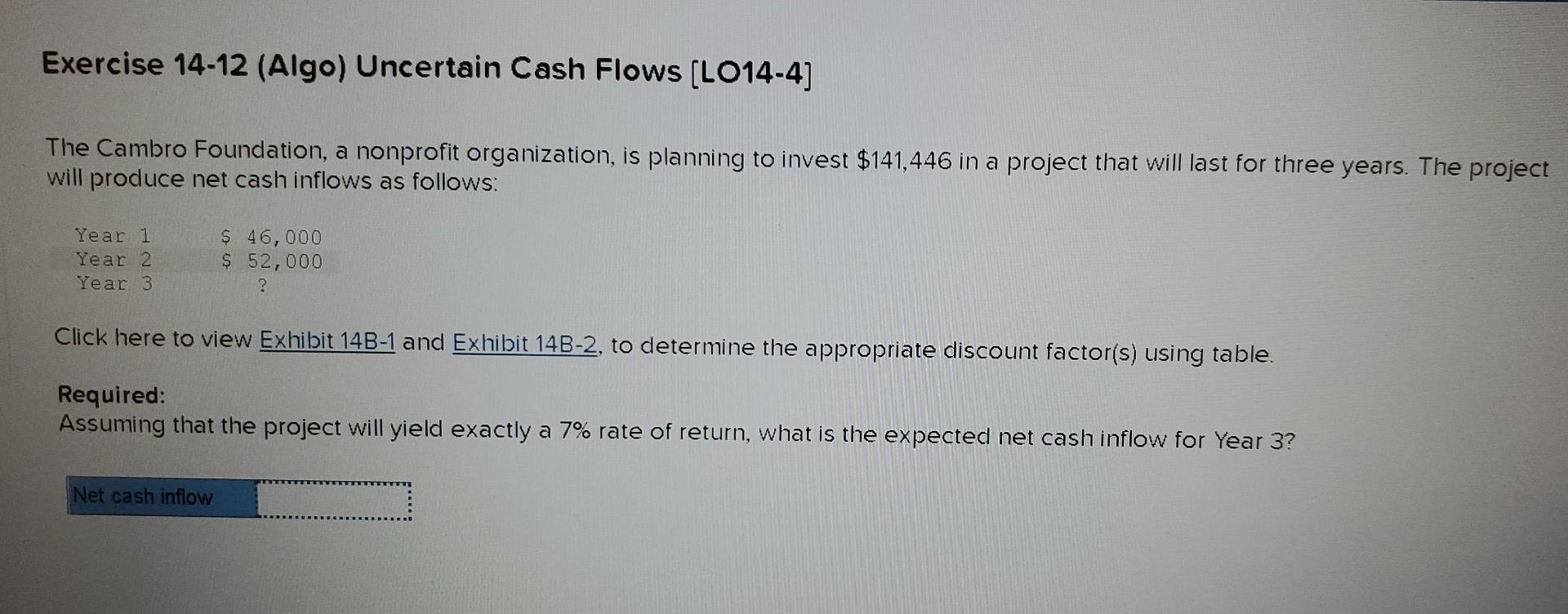 Solved Exercise 14-12 (Algo) Uncertain Cash Flows (LO14-4) | Chegg.com Solved Exercise 14-12 (Algo) Uncertain Cash Flows (LO14-4) | Chegg.com