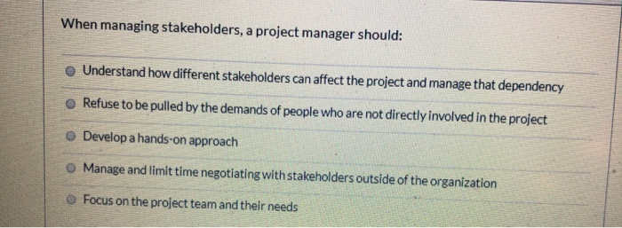 Solved When managing stakeholders, a project manager should: | Chegg.com