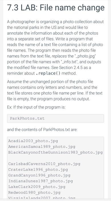 [Solved]: 7.3 LAB: File name change A photographer is organ